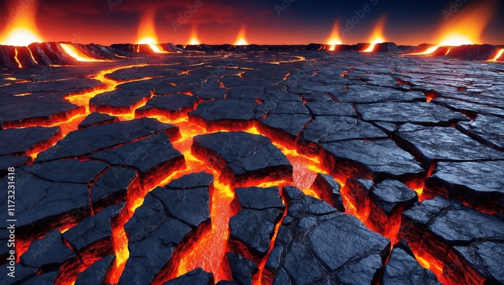 Volcano ground texture with lava in cracks and broken stones. Volcanic ...