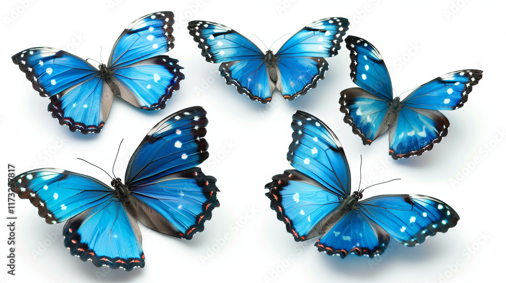 five blue butterflies isolated on white background. banner, design ...
