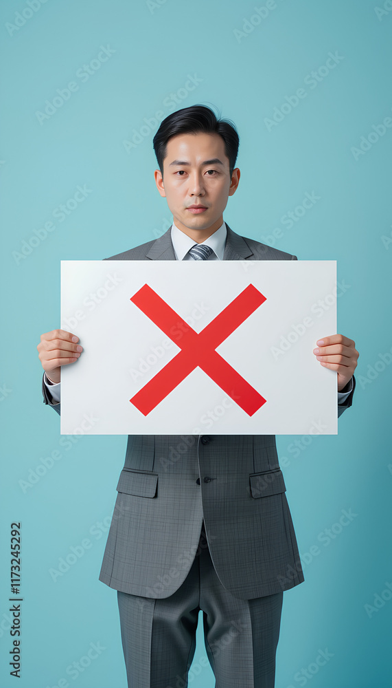East Asian businessman in gray suit holding placard with bold red 'X ...
