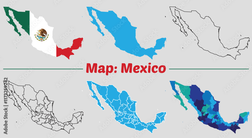Mexico country map set. internal provinces borders marked, Simple map ...