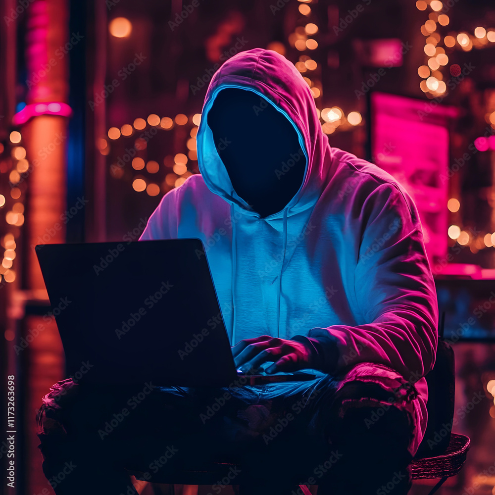 anonymous hooded male sitting and using a laptop computer to represent ...