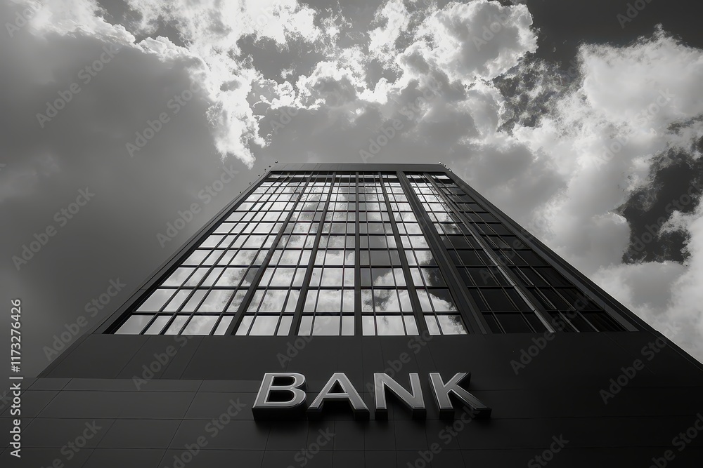 Modern bank building reaches for the dramatic sky enhancing its sleek ...