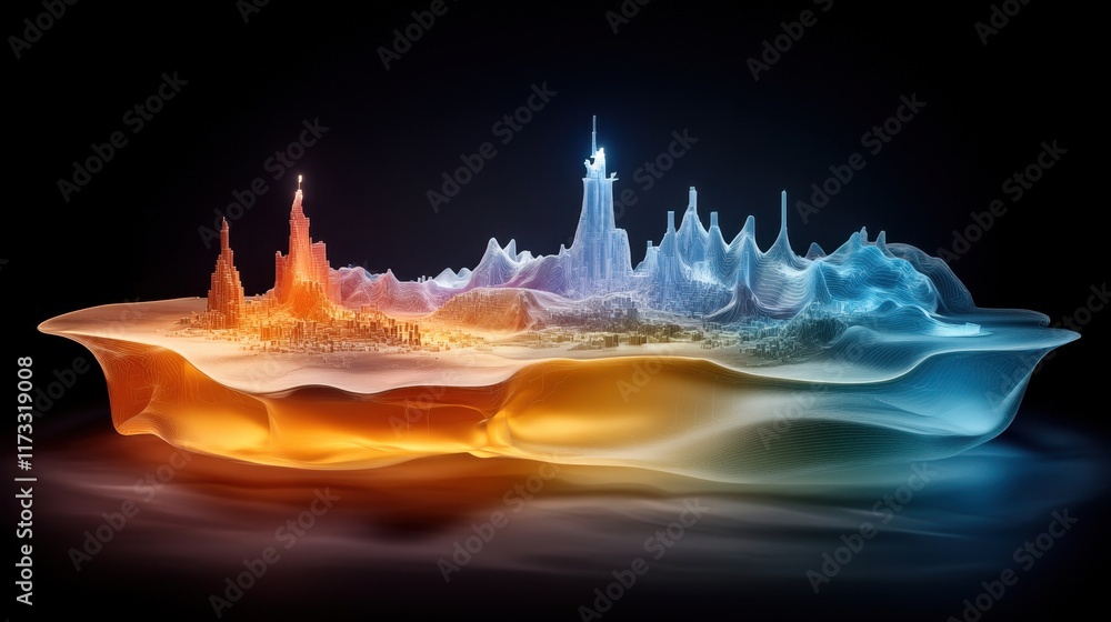 3D chart merging into a digital map of futuristic continents,World ...