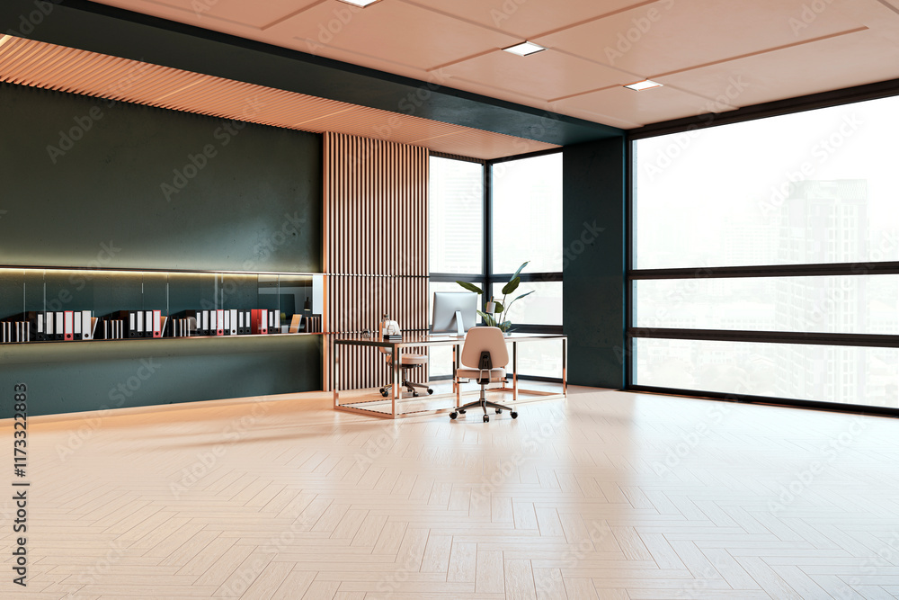 Modern executive office interior with minimal design, large windows ...