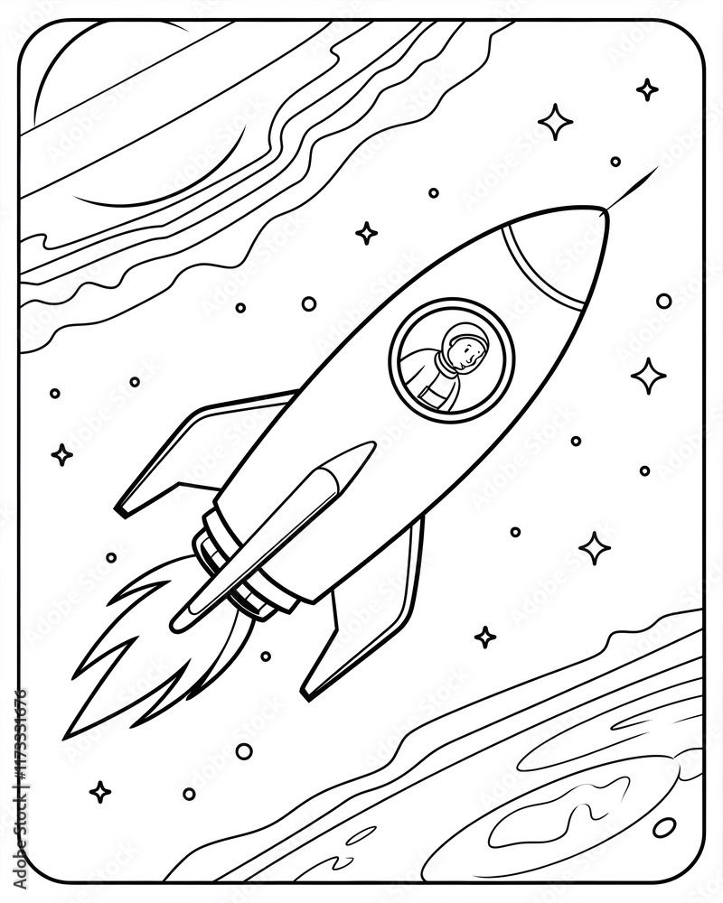 Cute rocket in space outline line art coloring page, Kids coloring book ...