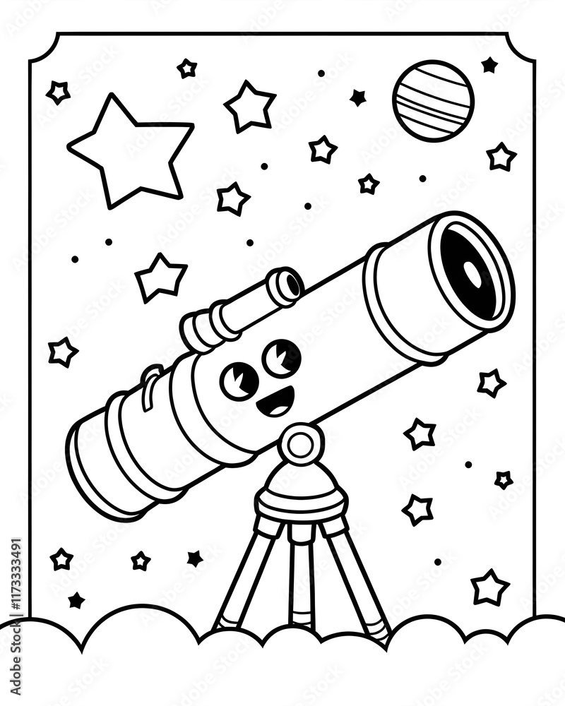 Telescope with stars and planets in space outline line art coloring ...