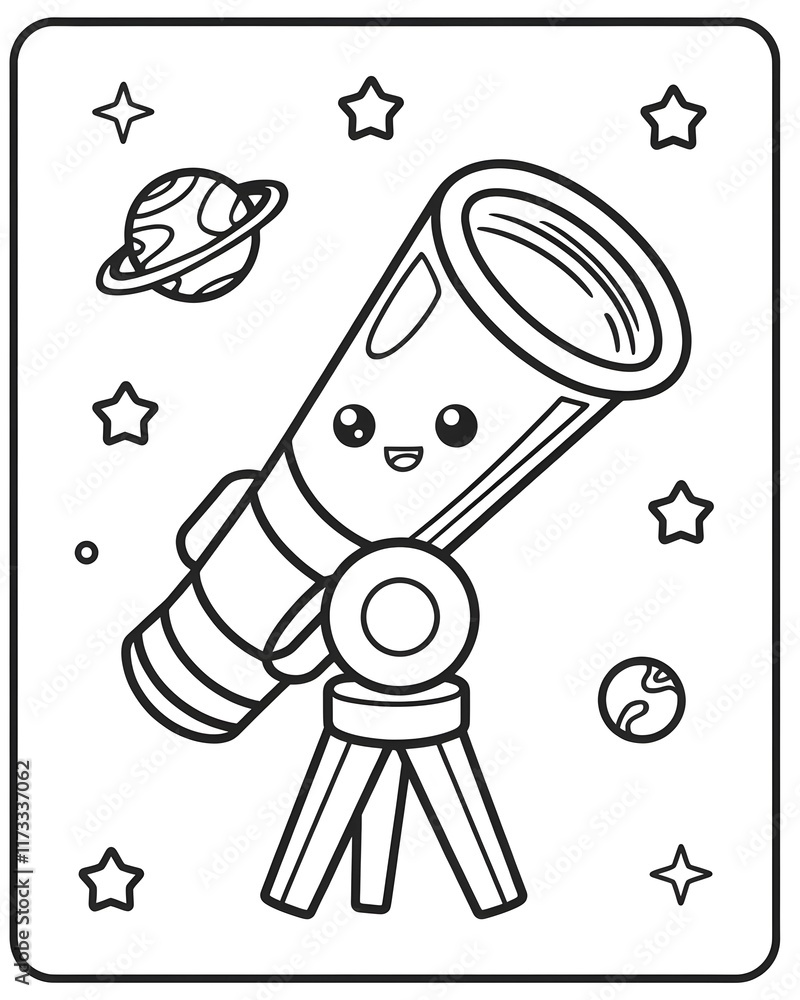 Telescope with stars and planets in space outline line art coloring ...
