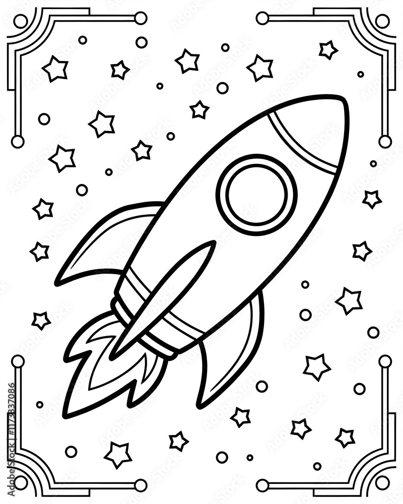 Cute rocket in space outline line art coloring page, Kids coloring book ...