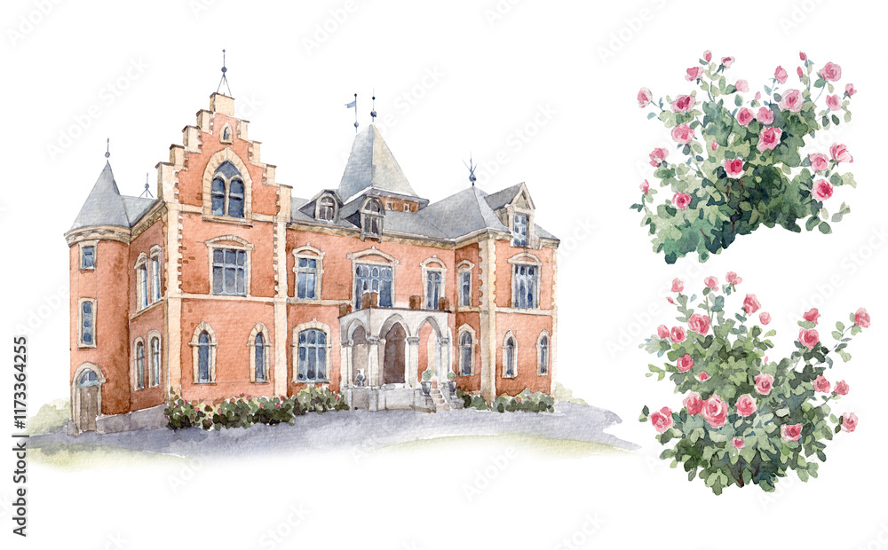 Watercolor illustration of old historical building. Vintage palace ...