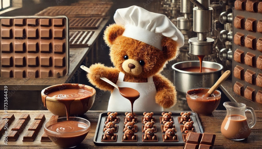 Teddy bear making chocolate at a chocolate factory setting...Concept ...