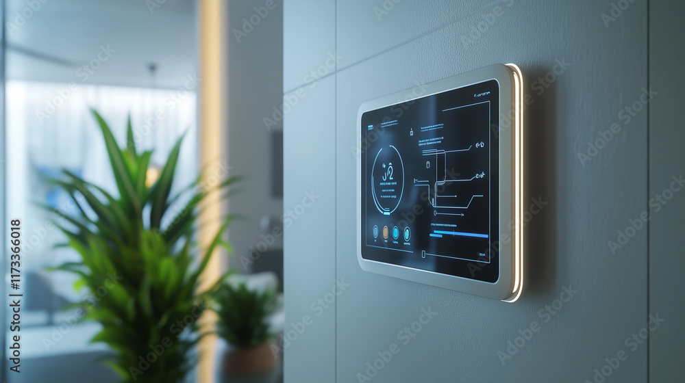 A central smart hub displayed on a sleek wall panel, controlling ...