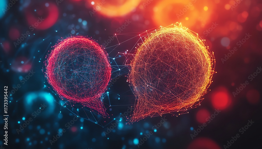 Speech bubbles with connecting lines, communication network on blurred tech background, dynamic ...