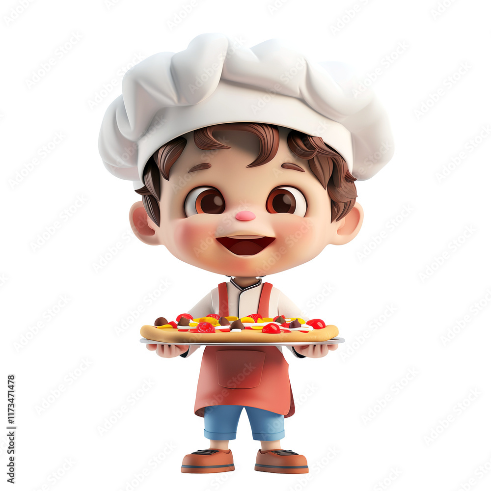3D rendering illustration chibi-style chef character, holding freshly ...
