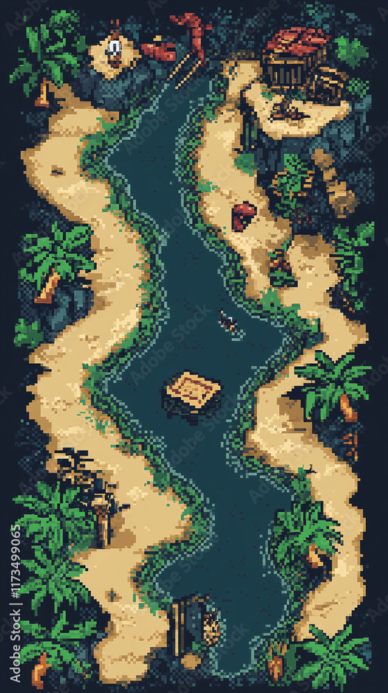 Pixel art jungle explorer set with vines monkeys and treasure maps. Stock Illustration | Adobe Stock
