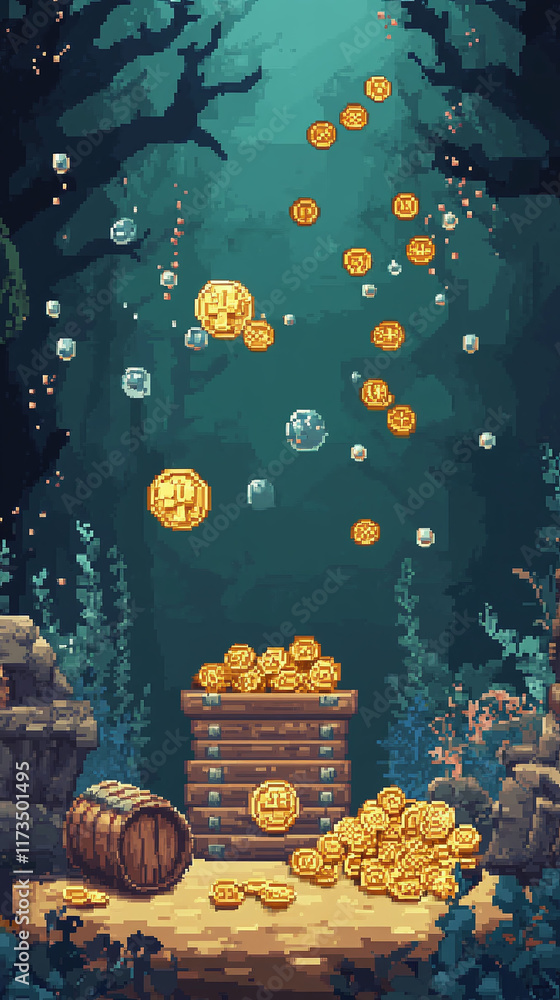 Pixel art underwater treasure set with gold coins pearls and sunken ...