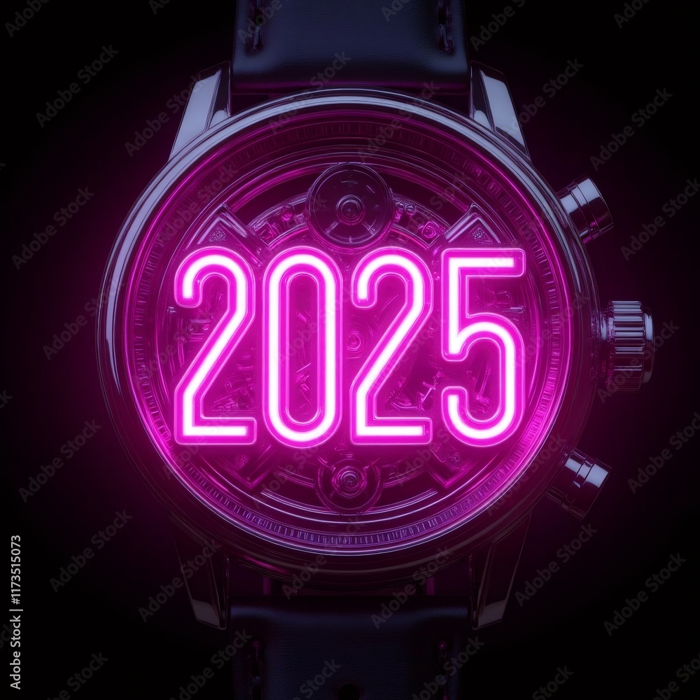 Un reloj futurista que marca el año 2025 con luces de neón rosa ...