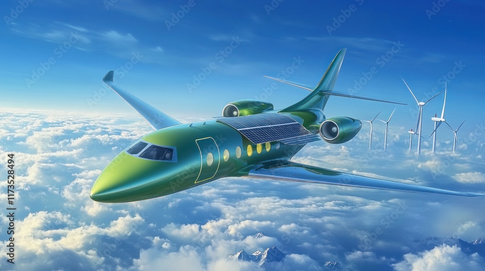 Green private jet with solar panels flying above clouds and wind ...
