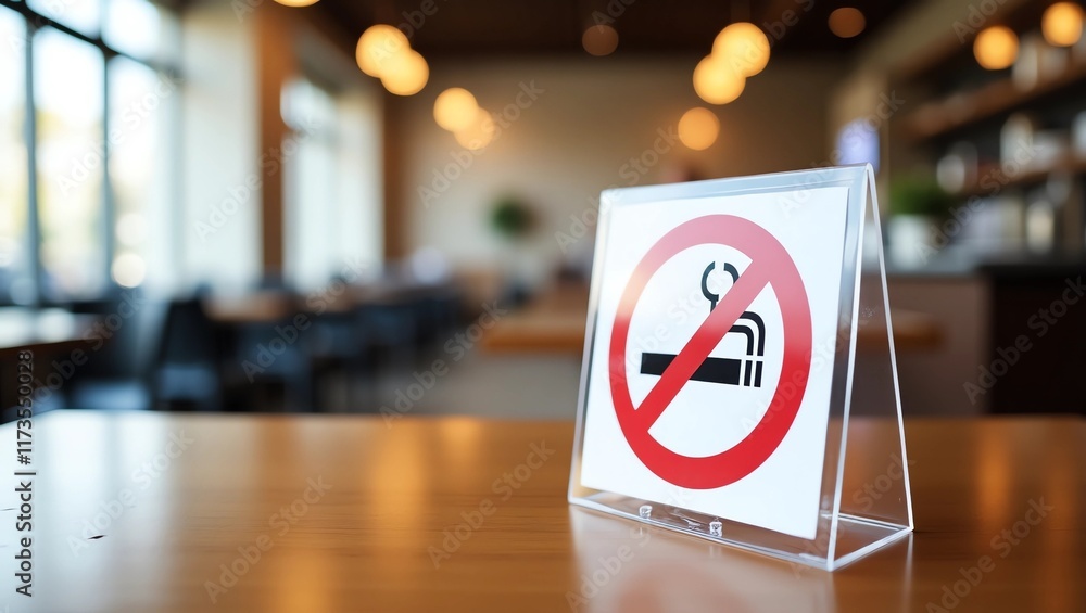 no smoking sign, restaurant table, blurred background, depth of field ...