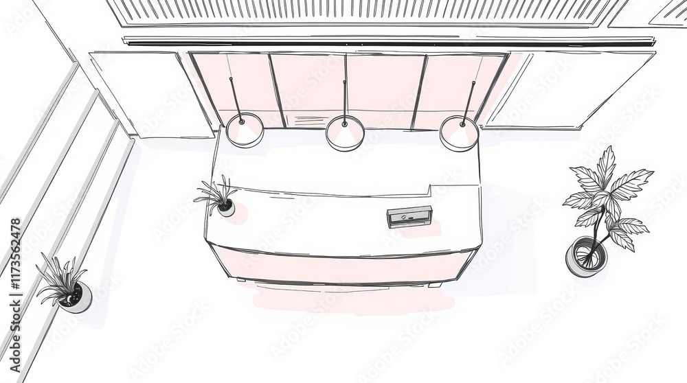 Reception Desk with Curved Pink Counter in Minimalist Interior and ...