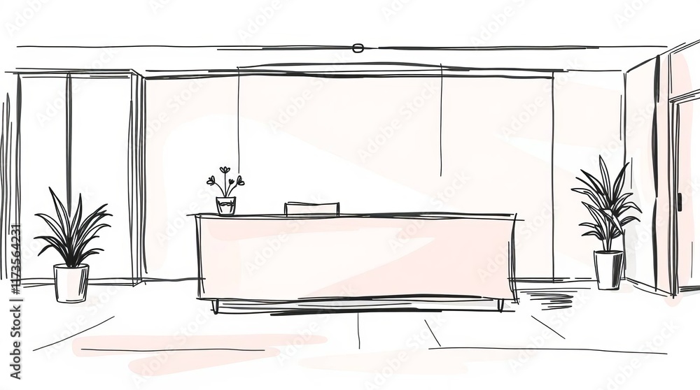 Reception Desk with Curved Pink Counter in Minimalist Interior and ...