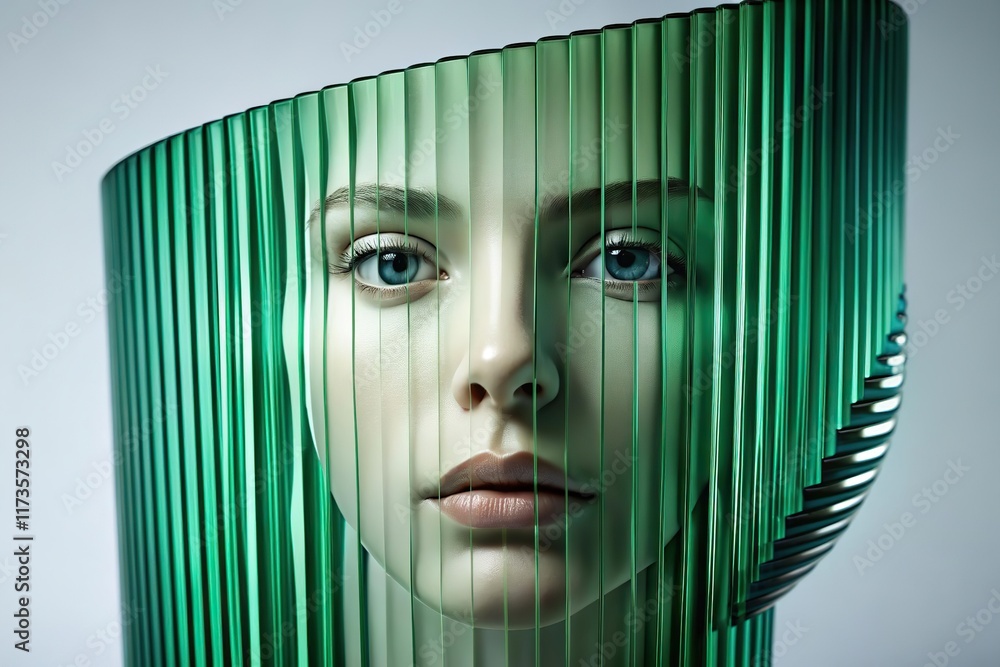 Abstract woman portrait with glass texture. Glitched and corrupted ...