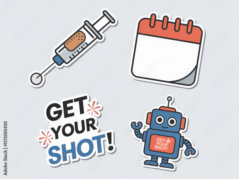 Vaccine reminder stickers with syringe, calendar, robot, and ...