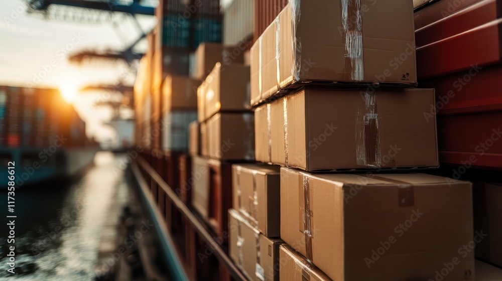 Stacks of cardboard boxes line a shipping port as the sun rises ...