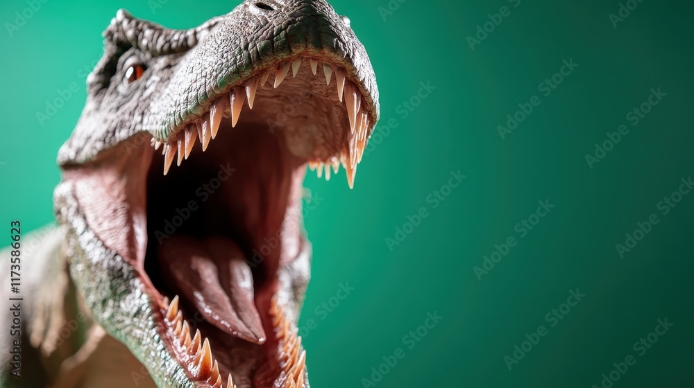 A close-up of a roaring Tyrannosaurus rex, its mouth wide open ...