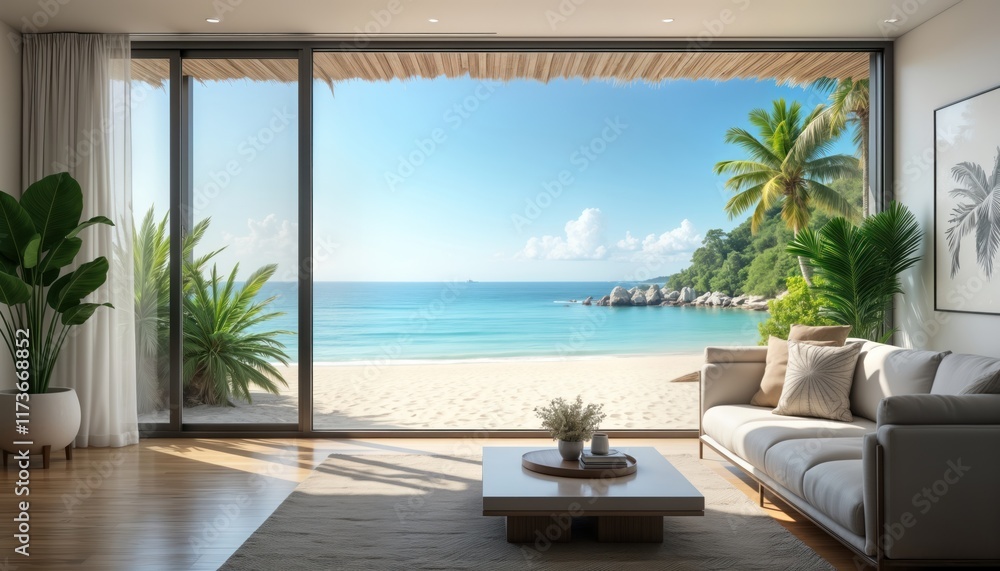 Empty living room boasts panoramic ocean view. Sunlight streams through ...