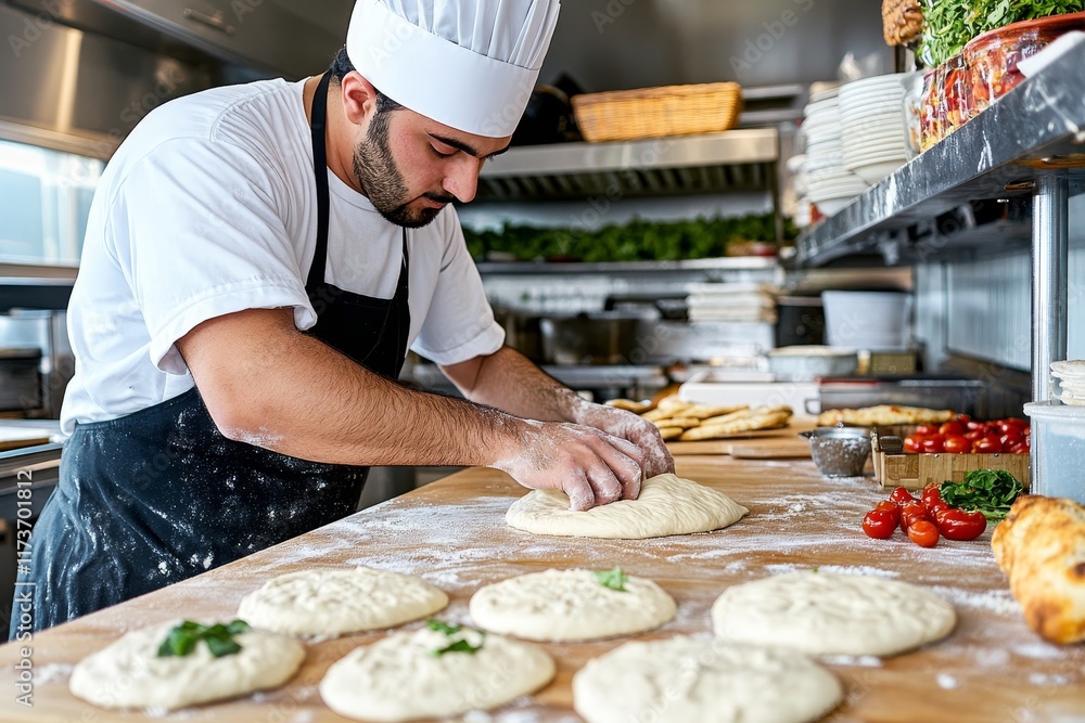Pizzeria Chef Kneading Dough - A chef prepares pizza dough in a busy ...