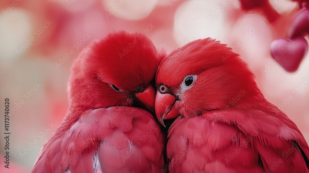 symmetrical composition of cuddling red birds with tender details Stock ...
