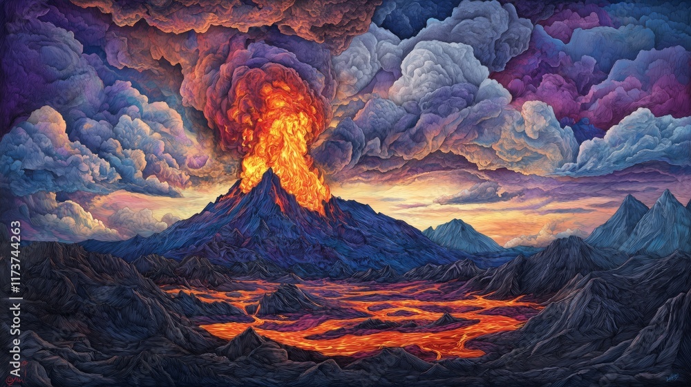 Volcano Drawing. Hyper-realistic illustration depicting an erupting ...