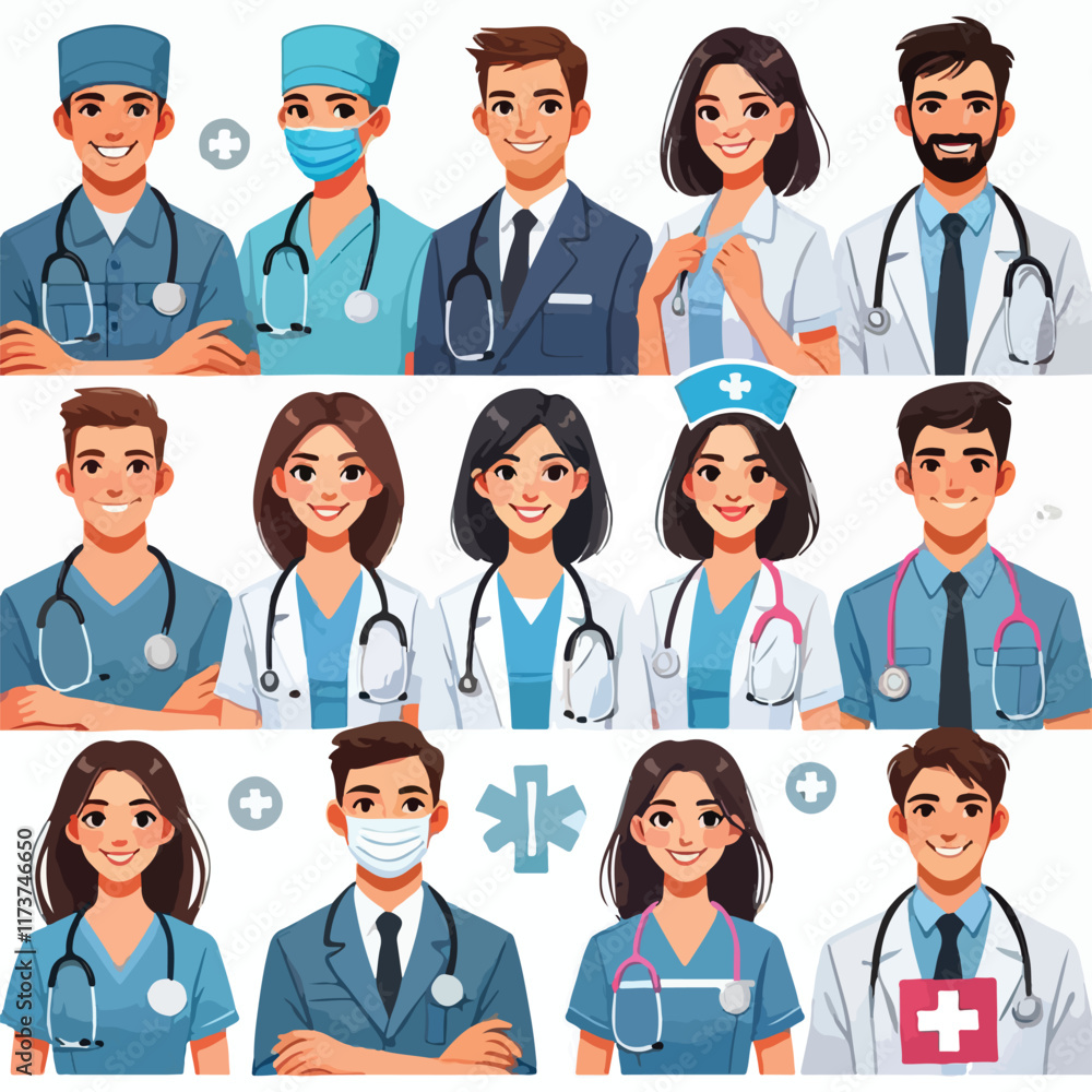 Set of smiling doctors, nurses and paramedics. Portraits of male and ...