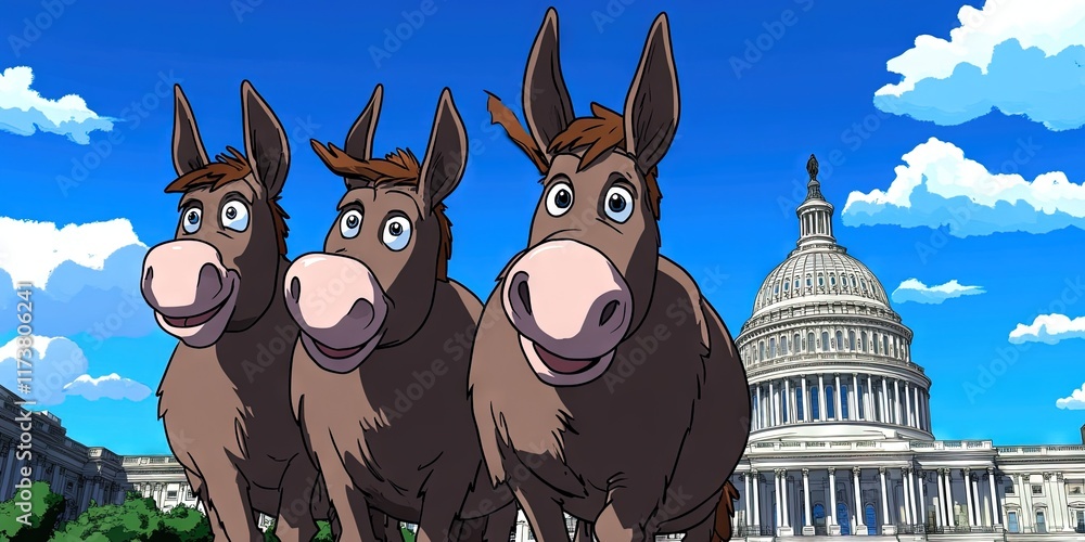 cartoon donkeys trampling Washington DC, action, modern, Stock Illustration | Adobe Stock