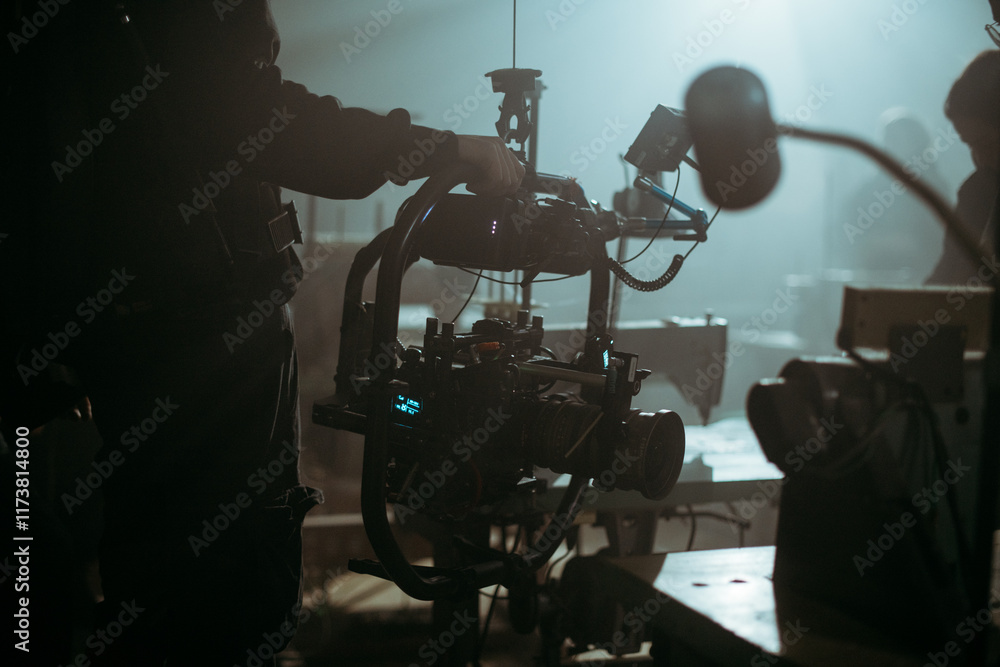 Professional cinema and video camera on the set. Shooting shift ...
