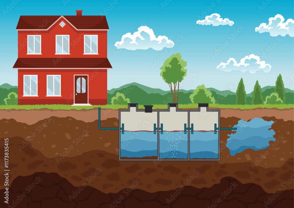 Septic tank diagram shows layout of chambers used for treating ...