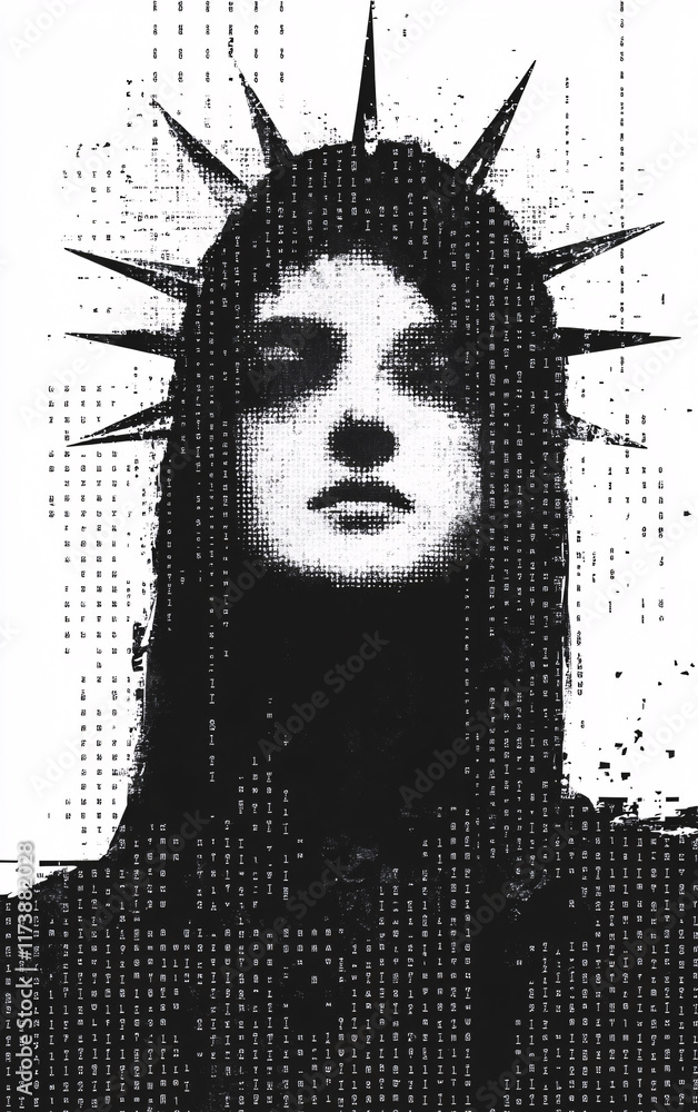 ASCII glitch style monochrome hooded figure wearing spiked crown, dark ...