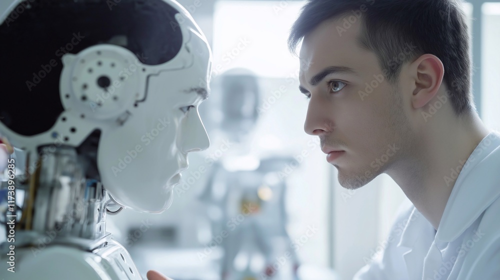 A young man closely observing a humanoid robot, the connection between ...