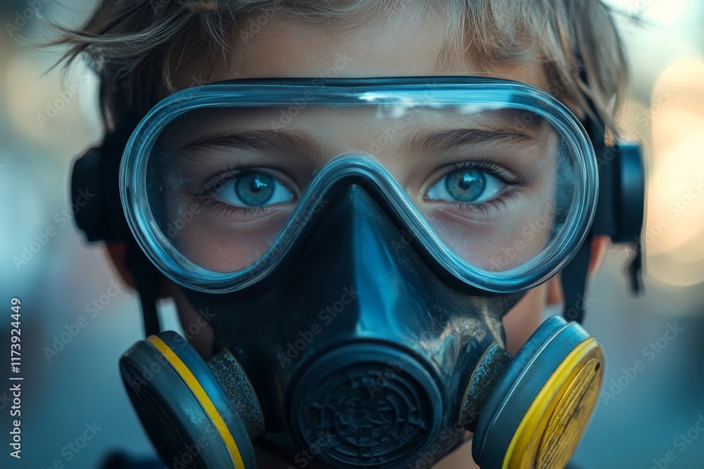 Boy wearing gas mask on city street with intense blue eyes during ...