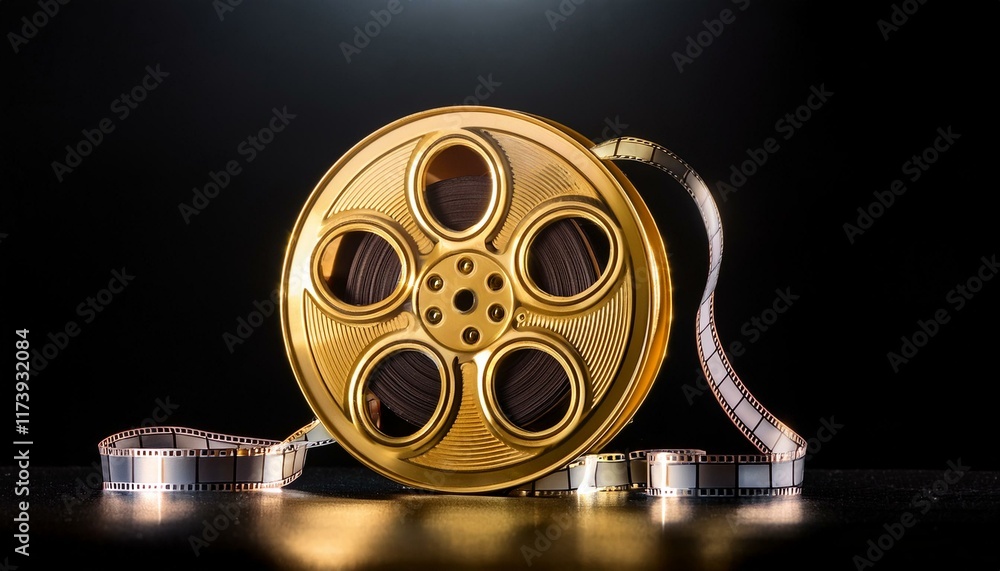 Golden film reel with film strip, cinematic art. Stock Photo | Adobe Stock