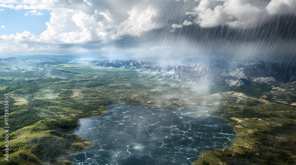 A high-resolution photo of a water cycle diagram in nature, showing ...