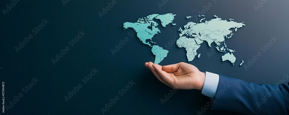 Entrepreneur discussing global business expansion with digital world ...