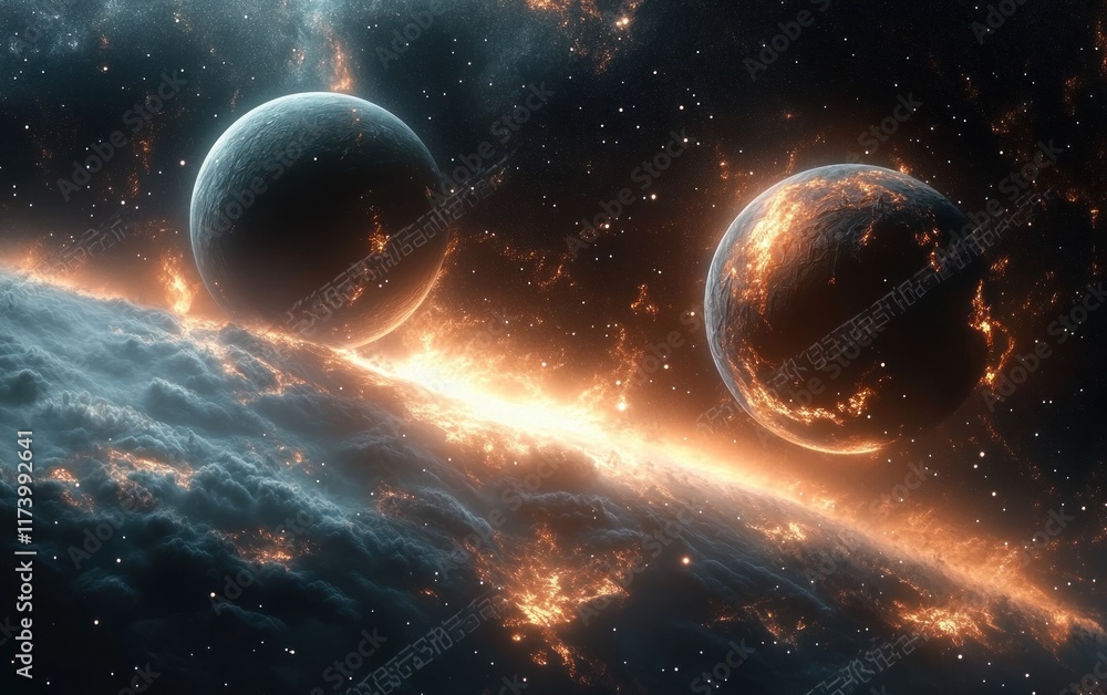 Vivid Cosmic Scene of Surreal Planets in Outer Space with Dramatic ...