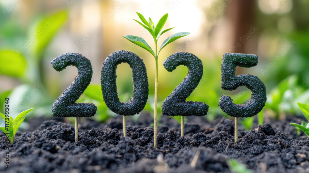 2025 A small plant sprout emerges from dark soil, symbolizing growth ...