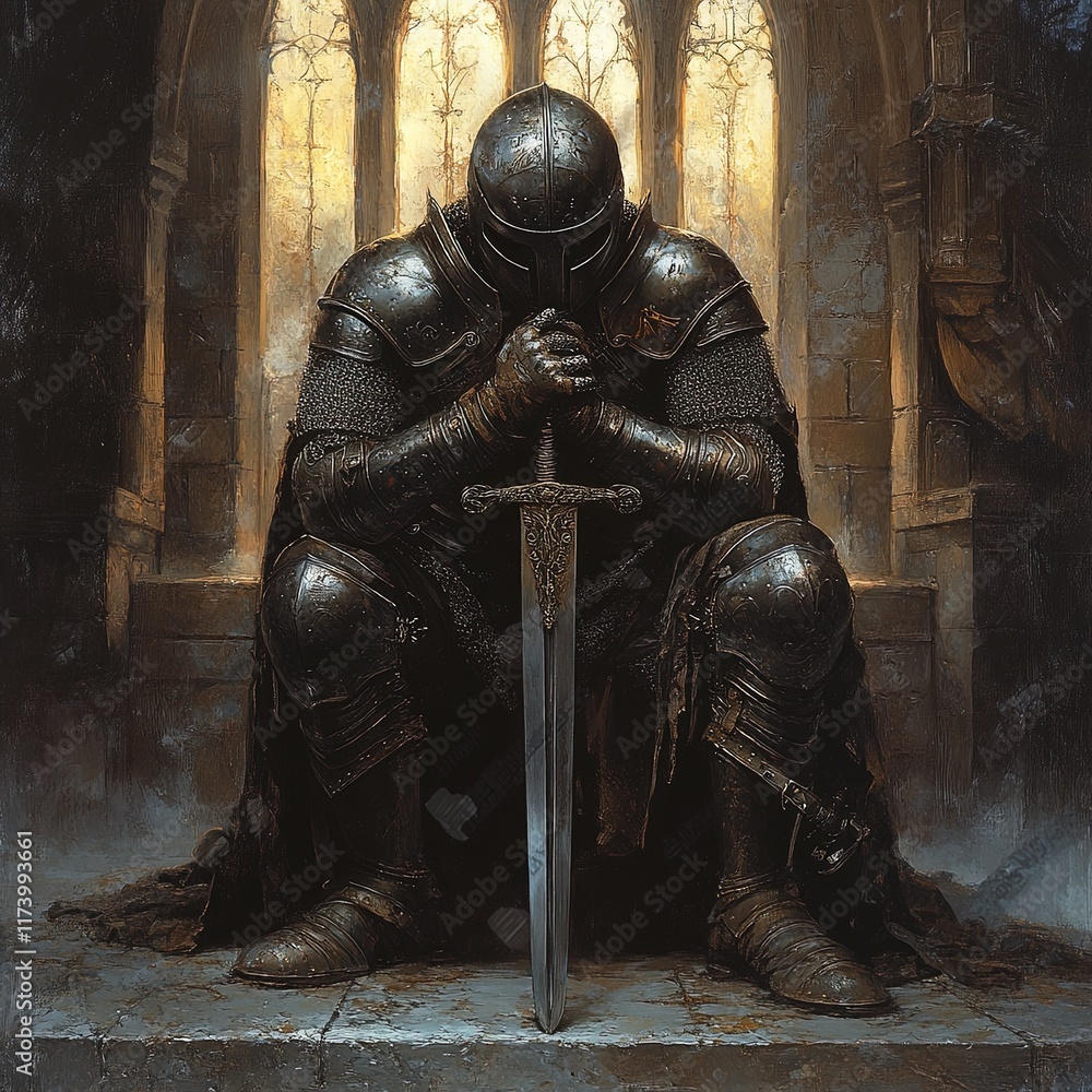 Dark armored knight sits, holding sword, head bowed, in light. Stock ...