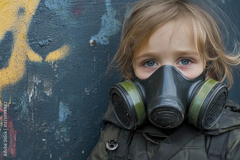 Young child wearing a gas mask against a graffiti background in an ...