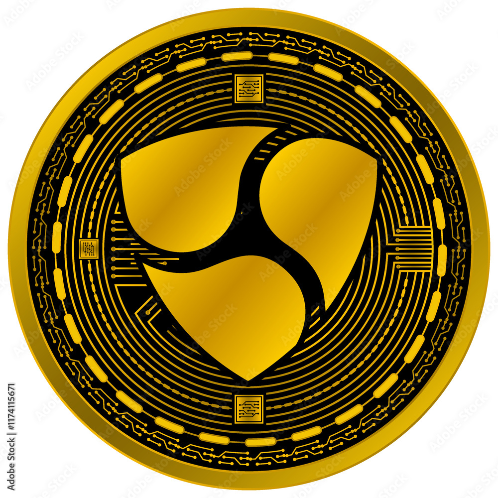 Vector of Nem Digital Currency in gold and black colors on a white ...