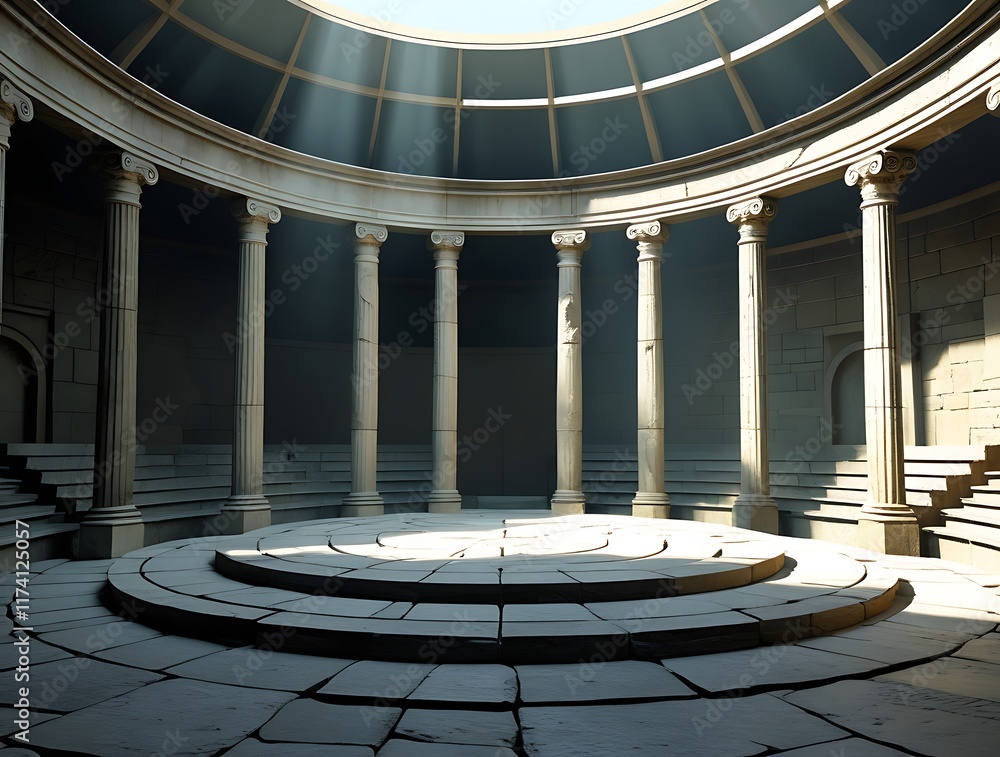 Ancient stone amphitheater with towering columns and a circular design ...