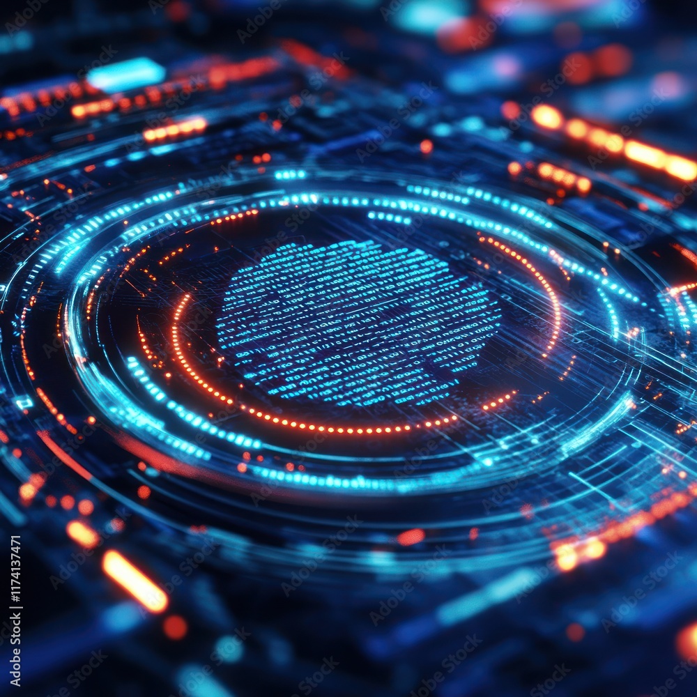 Digital fingerprint made of binary code representing cybersecurity, surrounded by glowing data ...