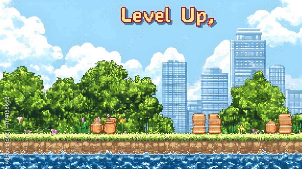 Pixel art, game title "Level Up," pixel style, 8-bit, video game theme, 2D side-scroller, 90s ...